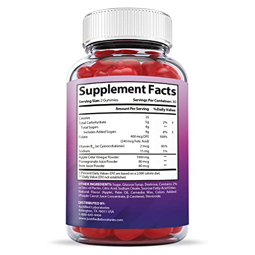 Justified Laboratories (2 Pack) Keto Flow ACV Gummies 1000MG with Pomegranate Juice Beet Root B12 120 Gummys