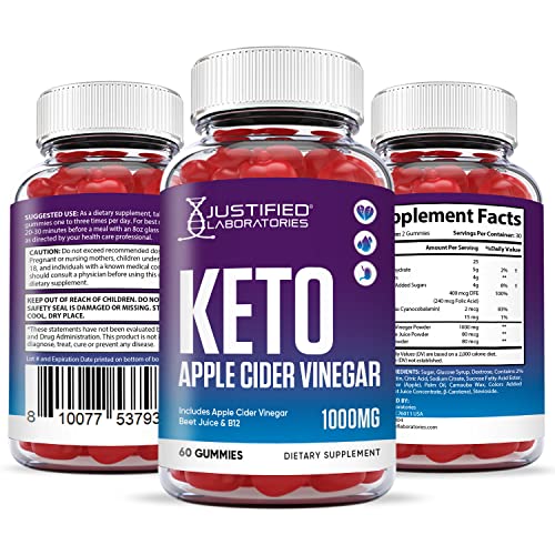 Justified Laboratories (10 Pack) Keto Apple Cider Vinegar Gummies 1000MG ACV Made from The Mother with Pomegranate Juice Beet Root B12 600 Gummys