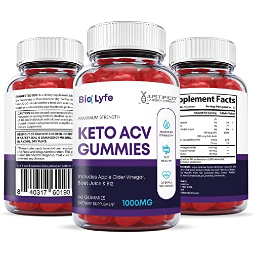 Justified Laboratories (10 Pack) Bio Lyfe Keto ACV Gummies 1000MG with Pomegranate Juice Beet Root B12 600 Gummys