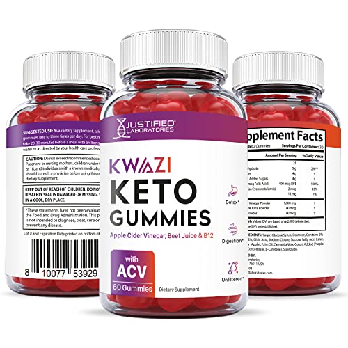 Justified Laboratories Kwazi Keto Gummies 1000MG ACV with Pomegranate Juice Beet Root B12 60 Gummys