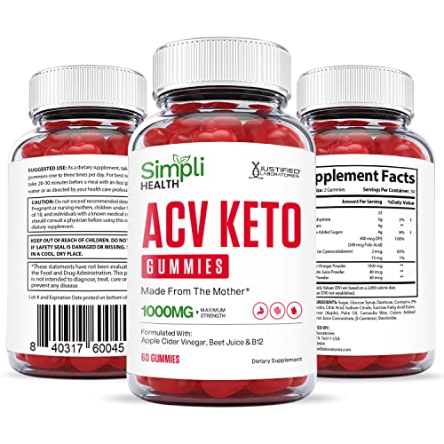 (3 Pack) Simpli Health ACV Keto Gummies 1000MG with Pomegranate Juice Beet Root B12 180 Gummys