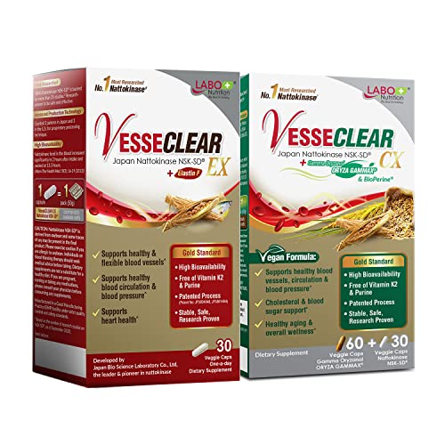 LABO Nutrition VesseCLEAR EX + VesseCLEAR CX: Nattokinase NSK-SD + Elastin F + Gamma Oryzanol, for Clean & Flexible Blood Vessel, for Cardiovascular, Blood Pressure & Circulation Support