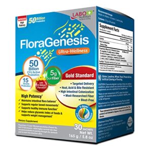 labo nutrition floragenesis – probiotics 50 billion cfu for women & men, 15 strains, 600x more survivability, delayed release, stomach acid resistant, for gut and digestive health – 30 bags powder