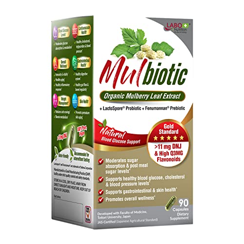 LABO Nutrition Mulbiotic Capsule, Organic Mulberry Leaf Extract + LactoSpore Probiotic & Fenumannan Prebiotic, for Healthy Blood Glucose Leval, Sugar & Carb Cravings Support, Vegetarian, Non-GMO