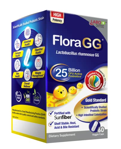 LABO Nutrition FloraGG, Lactobacillus Rhamnosus GG 25 Billion CFU Active Probiotics and Sunfiber Prebiotic Fiber Supplement, Support Healthy Intestinal, Immune Health| Non-GMO & Gluten Free – 60s