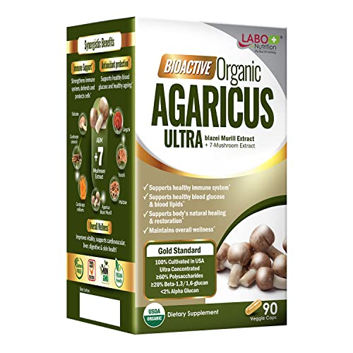 LABO Nutrition Bioactive Organic Agaricus Ultra for Advanced Immune Support, USDA Organic, 7 Medicinal Mushroom Supplement, Cordyceps, Maitake, Turkey Tail, Lingzhi, Agaricus blazei Murill, Shiitake