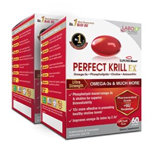 labo nutrition perfect krill ex, the purest ultra strength antarctic krill oil, highest phospholipids (>56%) with choline & astaxanthin, omega 3, heart & joint support, 100% made in usa, 2x 60softgels