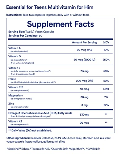 Ritual Teen Vitamins for Boys - Zinc, Vitamin A and D3 for Immune Function Support*, Omega-3 DHA & B12 for Brain Health, Non-GMO, Mint Essenced, 30 Day Supply, 60 Vegan Capsules