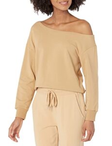 daily ritual women’s terry cotton & modal cut out shoulder sweatshirt, tan, small