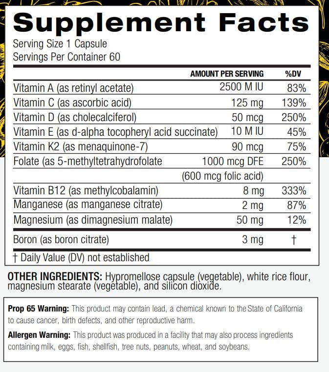 Palo Essential+ Adult One Daily Ritual Multivitamin with Vitamins D3, K2 (as MK7), B12, E, Folate, Minerals Boron and Magnesium and more (60 capsules, 2 month Supply)