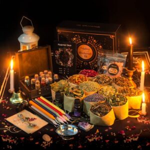 [Upgraded] Witchcraft Supplies Witch Stuff Spell Kit, 61 PCS Wiccan Supplies and Tools, Include Dried Herb Crystal Candle Amethyst Black Salt, Witch Gift Wiccan Starter Kit Altar Supplies Pagan Decor