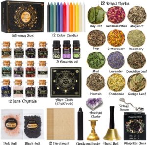 [Upgraded] Witchcraft Supplies Witch Stuff Spell Kit, 61 PCS Wiccan Supplies and Tools, Include Dried Herb Crystal Candle Amethyst Black Salt, Witch Gift Wiccan Starter Kit Altar Supplies Pagan Decor