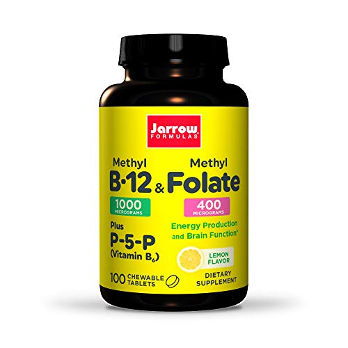 Jarrow Formulas Extra Strength Methyl B-12 & Methyl Folate - 100 Chewable Tablets, Lemon Flavored - Bioactive Vitamin B12 & B9 - Cellular Energy and Cardiovascular Support (Packaging May Vary)