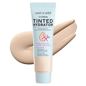 wet n wild bare focus tinted hydrator matte finish, light medium, oil-free, moisturizing makeup | hyaluronic acid | sheer to medium coverage