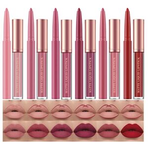 bestland 12pcs matte liquid lipstick + lip liner pens set, one step lips makeup sets pigment velvety nude lip stain waterproof long wear lip gloss make up gift set (set b)