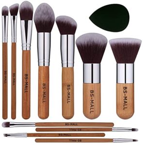 bs-mall makeup brush set 11pcs bamboo synthetic kabuki brush set foundation powder blending concealer eye shadows blush cosmetics brushes with organizer bag & makeup sponge