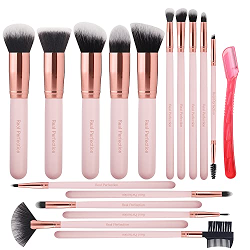 Real Perfection Makeup Brushes 16pcs Makeup Brushes Set with 1 Eyebrow Razor Premium Synthetic Foundation Brushes Blending Face Powder Eye Shadow Concealer Make Up Brushes Tool Kit