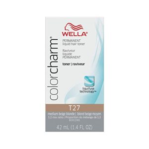 wella colorcharm hair toner, neutralize brass with liquifuse technology, t27 medium beige blonde, 1.4 oz