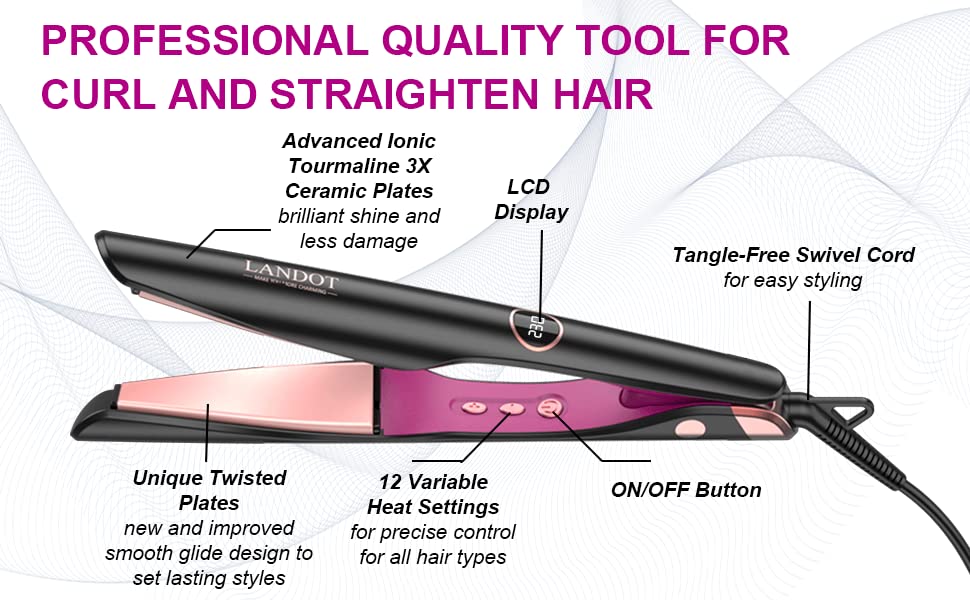 LANDOT Hair Straightener and Curler 2 in 1, Twist Flat Iron Curling Iron for Curl/Wave or Straighten