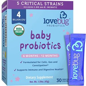 lovebug award winning usda organic probiotic for babies | multi-strain 4 billion cfu | easy-to-take powder | sugar free | ages 6-12 months | 30 packets