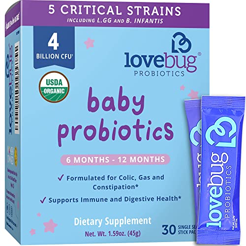 Lovebug Award Winning USDA Organic Probiotic for Babies | Multi-Strain 4 Billion CFU | Easy-to-Take Powder | Sugar Free | Ages 6-12 Months | 30 Packets