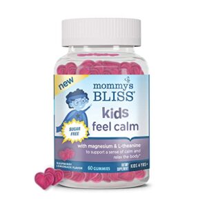 mommy’s bliss kids feel calm gummies, support a sense of calm and relax the body, made with magnesium, l-theanine, sugar free raspberry lemonade flavor, age 4+, 60 gummies