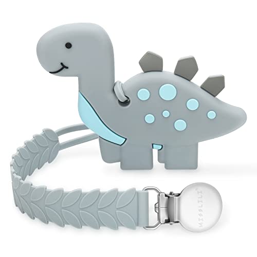 MISSLILI Teething Toys for Babies 0-6 6-12 Months Baby Teethers with Clip Silicone Baby Teether Toys for Boys and Girls Infant Teething Relief for Teething Dinosaur Shape, Gray