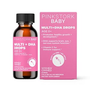 pink stork baby multivitamin drops with dha: liquid baby & toddler vitamin drops for brain health & immune support, vitamin d & b complex vitamins, choline, women-owned, unflavored, 2 oz, 60 servings