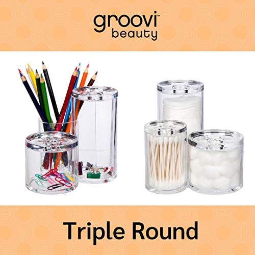 GROOVI Beauty Acrylic Triple Round Make Up Container (3 Towers Connected) Compact Size, Great Storage Container for Cosmetics/accs, for use in Bathroom or on Vanity, 5.5" x 5.9" x 5.25"