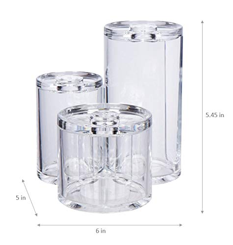 GROOVI Beauty Acrylic Triple Round Make Up Container (3 Towers Connected) Compact Size, Great Storage Container for Cosmetics/accs, for use in Bathroom or on Vanity, 5.5" x 5.9" x 5.25"