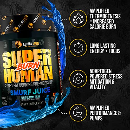 ALPHA LION Superhuman Burn 2-in-1 Metabolism Booster Pre Workout, Weight Loss Supplement, Appetite Suppressant, Fat Loss Support, Energy & Focus Powder (21 Servings, Blue Gummy Bear Flavor)