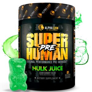 alpha lion superhuman pre workout powder, beta alanine, l-taurine & tri-source caffeine for sustained energy & focus, nitric oxide & citrulline for pump (21 servings, hulk juice)