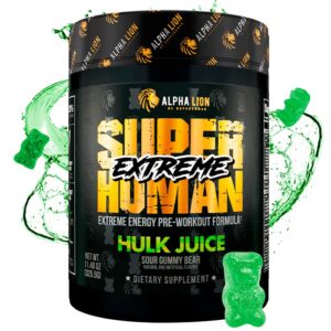 ALPHA LION Superhuman Extreme Pre Workout Powder, Beta Alanine, L-Taurine & Tri-Source Caffeine for Sustained Energy, Nitric Oxide & Citrulline for Pump (21 Servings, Sour Gummy Bear Flavor)