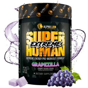 alpha lion superhuman extreme pre workout powder, beta alanine, l-taurine & tri-source caffeine for sustained energy, nitric oxide & citrulline for pump (21 servings, grape flavor)