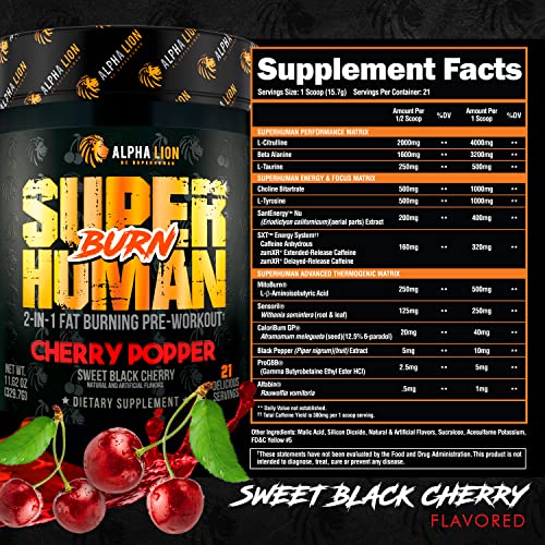 ALPHA LION Superhuman Burn 2-in-1 Metabolism Booster Pre Workout, Weight Loss Supplement, Appetite Suppressant, Fat Loss Support, Energy & Focus Powder (21 Servings, Sweet Black Cherry Flavor)