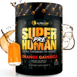 alpha lion superhuman pre workout powder, beta alanine, l-taurine & tri-source caffeine for sustained energy & focus, nitric oxide & citrulline for pump (21 servings, orange gainsicle)