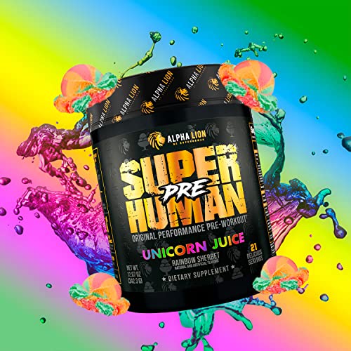 ALPHA LION Superhuman Pre Workout Powder, Beta Alanine, L-Taurine & Tri-Source Caffeine for Sustained Energy & Focus, Nitric Oxide & Citrulline for Pump (21 Servings, Unicorn Juice)