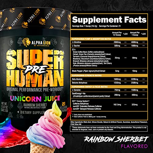 ALPHA LION Superhuman Pre Workout Powder, Beta Alanine, L-Taurine & Tri-Source Caffeine for Sustained Energy & Focus, Nitric Oxide & Citrulline for Pump (21 Servings, Unicorn Juice)