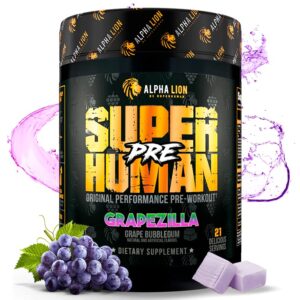 alpha lion superhuman pre workout powder, beta alanine, l-taurine & tri-source caffeine for sustained energy & focus, nitric oxide & citrulline for pump (21 servings, grapezilla)