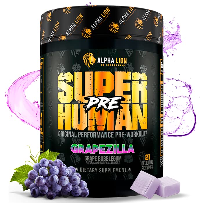 ALPHA LION Superhuman Pre Workout Powder, Beta Alanine, L-Taurine & Tri-Source Caffeine for Sustained Energy & Focus, Nitric Oxide & Citrulline for Pump (21 Servings, Grapezilla)