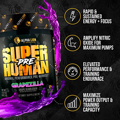 ALPHA LION Superhuman Pre Workout Powder, Beta Alanine, L-Taurine & Tri-Source Caffeine for Sustained Energy & Focus, Nitric Oxide & Citrulline for Pump (21 Servings, Grapezilla)