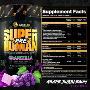 ALPHA LION Superhuman Pre Workout Powder, Beta Alanine, L-Taurine & Tri-Source Caffeine for Sustained Energy & Focus, Nitric Oxide & Citrulline for Pump (21 Servings, Grapezilla)