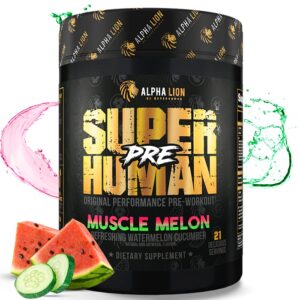 alpha lion superhuman pre workout powder, beta alanine, l-taurine & tri-source caffeine for sustained energy & focus, nitric oxide & citrulline for pump (21 servings, muscle melon)