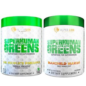 Alpha Lion Superhuman Healthy Greens Superfood Powder, Probiotics for Women & Men, Low Sugar Drink Mix, Superfood Supplement, Caffeine Free, Improves Gut Health, 30 Servings (Sweet Mango Fruit Flavor)