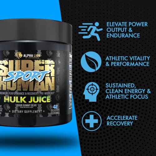 Alpha Lion Superhuman Sport Pre Workout Powder, Preworkout for Men & Women, Sports Nutrition Supplement, for Muscle Soreness, Recovery & Training, Energy & Focus (21 Servings, Hulk Juice Flavor)