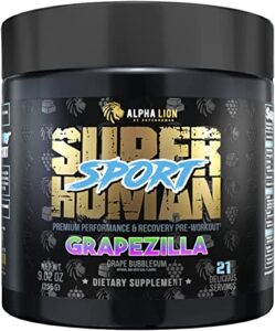 alpha lion superhuman sport pre workout powder, preworkout for men & women, sports nutrition supplement, for muscle soreness, recovery & training, energy & focus (21 servings, grapezilla flavor)