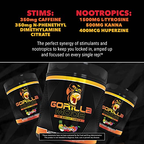 Gorilla Mode Pre Workout -Massive Pumps · Laser Focus · Energy · Power - L-Citrulline, Creatine, GlycerPump™, L-Tyrosine, Agmatine, Kanna, N-Phenethyl Dimethylamine Citrate - 574 Grams (Volcano Burst)