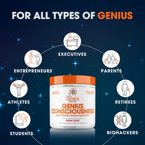 Genius Consciousness, Super Nootropic Brain Supplement Powder, Snow Cone - Supports Focus, Cognitive Function, Concentration & Memory Booster - Alpha GPC & Lions Mane Mushroom for Neuro Energy