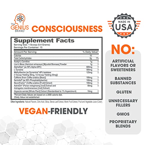 Genius Consciousness, Super Nootropic Brain Supplement Powder, Snow Cone - Supports Focus, Cognitive Function, Concentration & Memory Booster - Alpha GPC & Lions Mane Mushroom for Neuro Energy