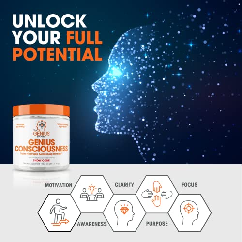 Genius Consciousness, Super Nootropic Brain Supplement Powder, Snow Cone - Supports Focus, Cognitive Function, Concentration & Memory Booster - Alpha GPC & Lions Mane Mushroom for Neuro Energy